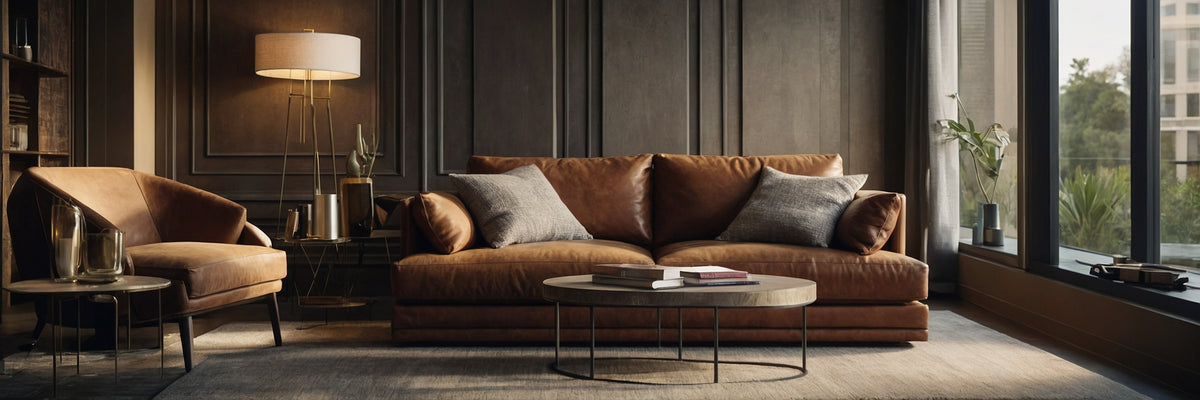 Indret stuen med en klassisk brun sofa - BOTRENDY – Botrendy