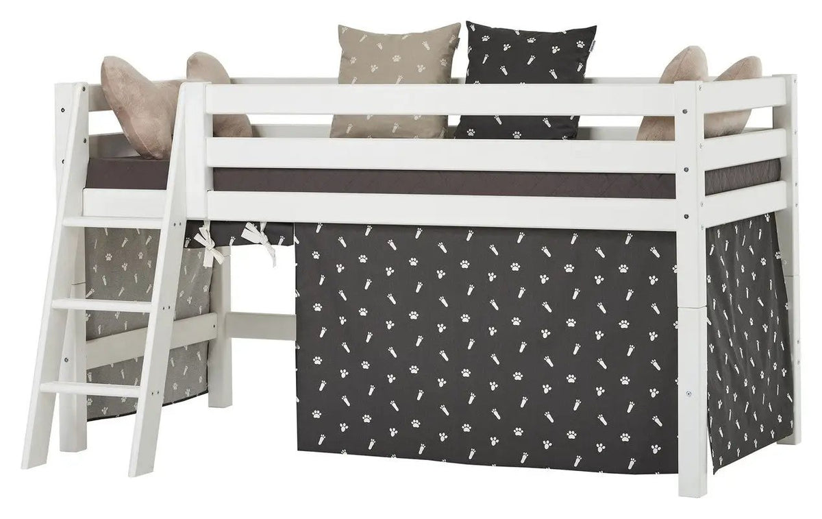 ECO Luxury Halvhøj seng m. stige og gråt forhæng 90x200, Hvid - – Botrendy